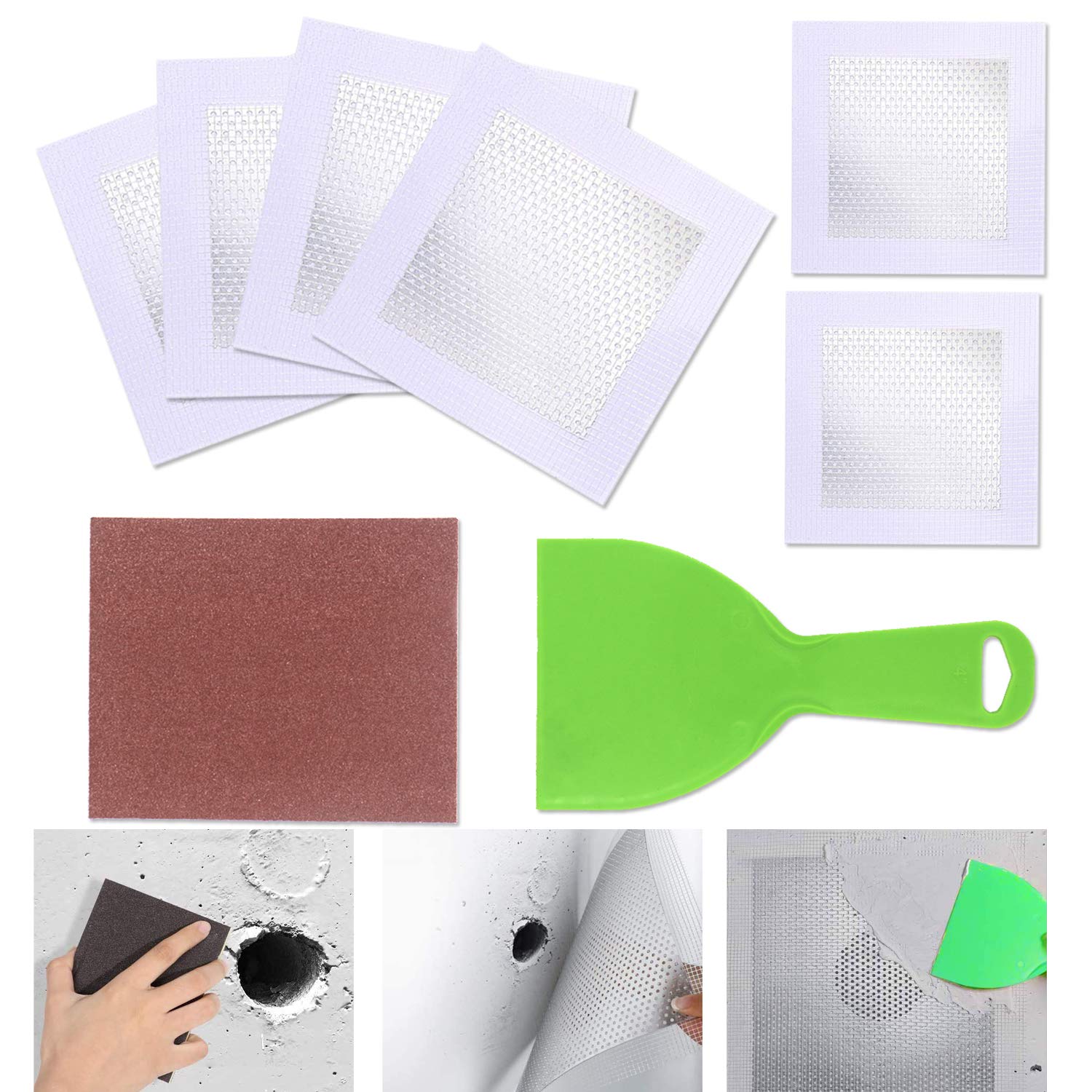 8 Pieces Aluminum Wall Patch Kit 6 Pcs Self-Adhesive Drywall Repair Mesh Board with Scraper and Sanding Paper for Covering Wall Cracks Holes Blemishes