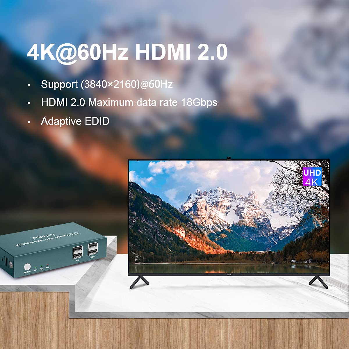 AAO HDMI KVM Switch 2 Port, Ultra HD 4K@60Hz, USB 2.0 Hub, Hotkey Switch and Wireless Keyboard and Mouse Supported. New Model, High Specification