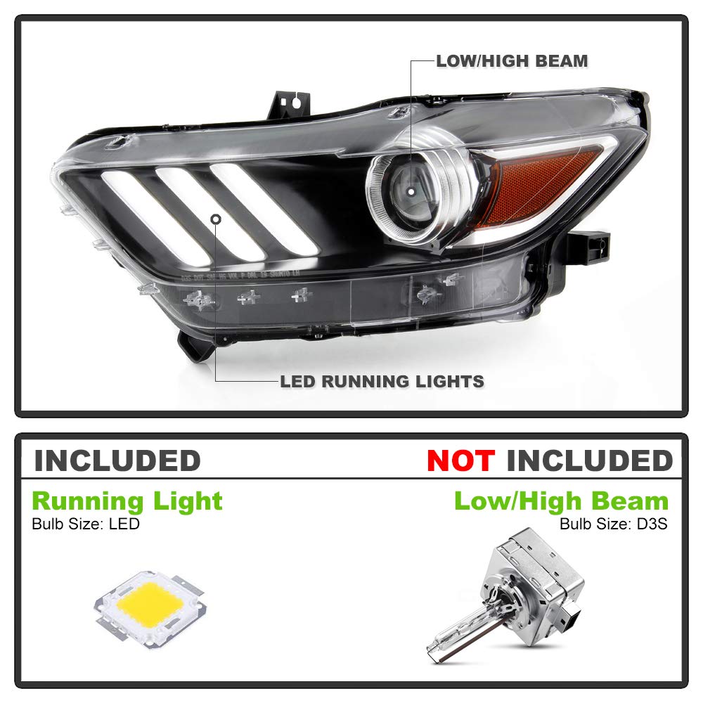 ACANII - For [HID/Xenon Model] 2015-2017 Ford Mustang LED Tube Projector Headlight Headlamp Assembly Left Driver Side