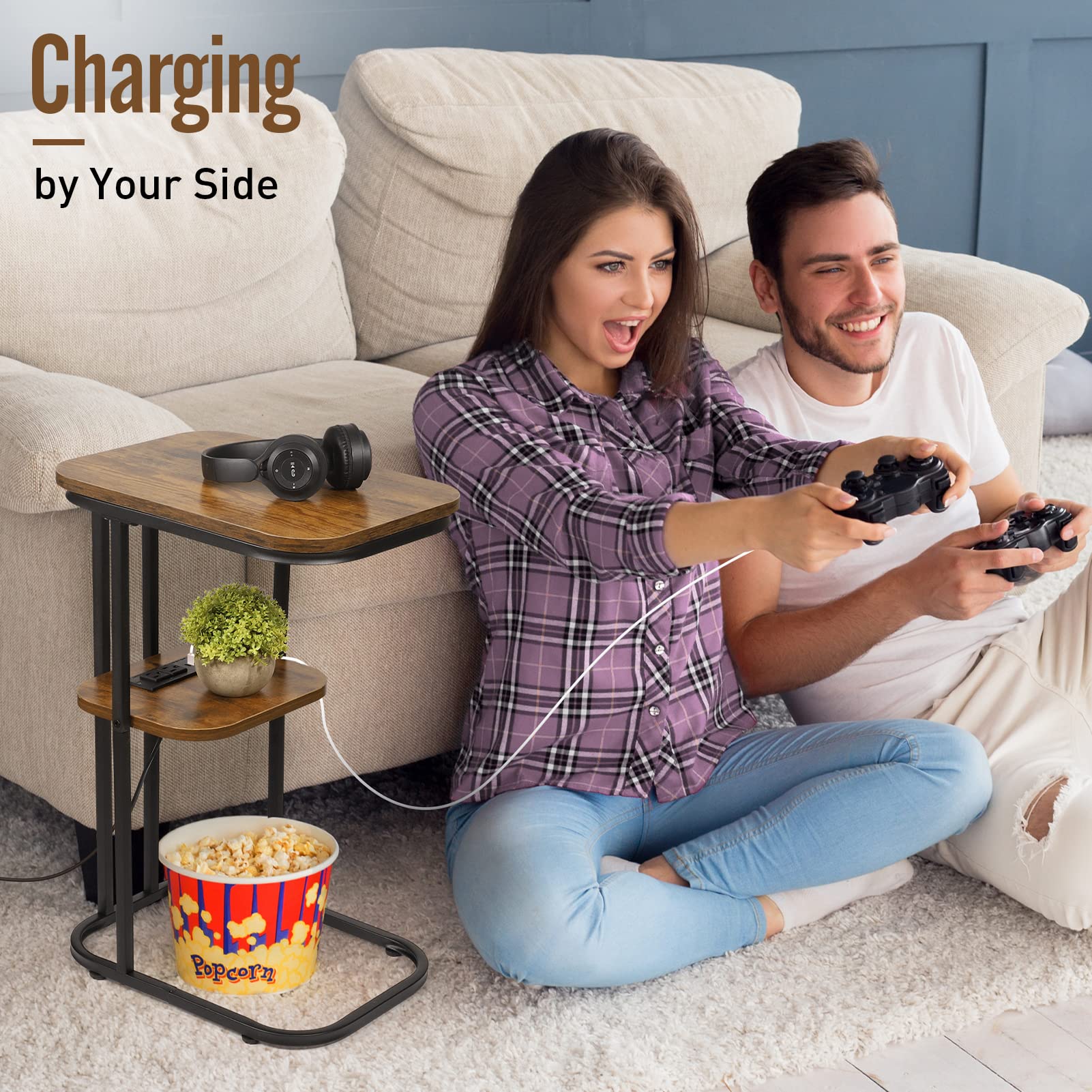 Allinside C Shaped End Table with Charging Station, 2-Tier Side Table with Storage Shelf Large Laptop TV Snack Tray Ideal for Couch, Sofa Slide Under, Bedside, Small Spaces (2 USB Ports & 2 Outlets)