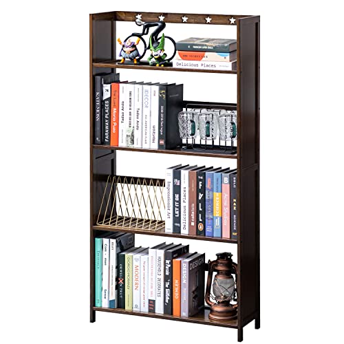 COPREE 4 Tier Bookshelf, Bamboo Book Shelves,Walnut-Colored Freestanding Book Rack Organizer Shelving Unit Storage for Living Room, Bedroom and Office
