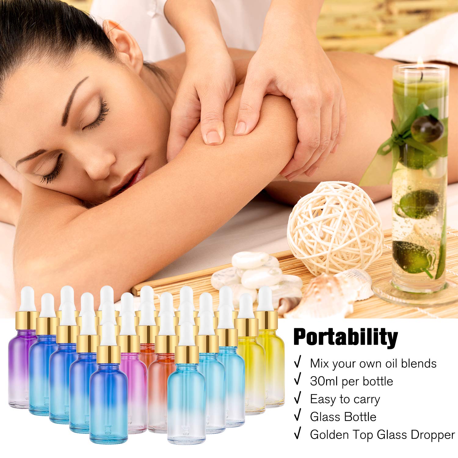 PrettyCare Eye Dropper Bottles 1oz (Rainbow Colored Glass Bottle 24 Pack 30ml with Golden Caps, 48 Labels, Funnel & Measured Pipettes) Empty Tincture Bottles for Essential Oils, Perfume