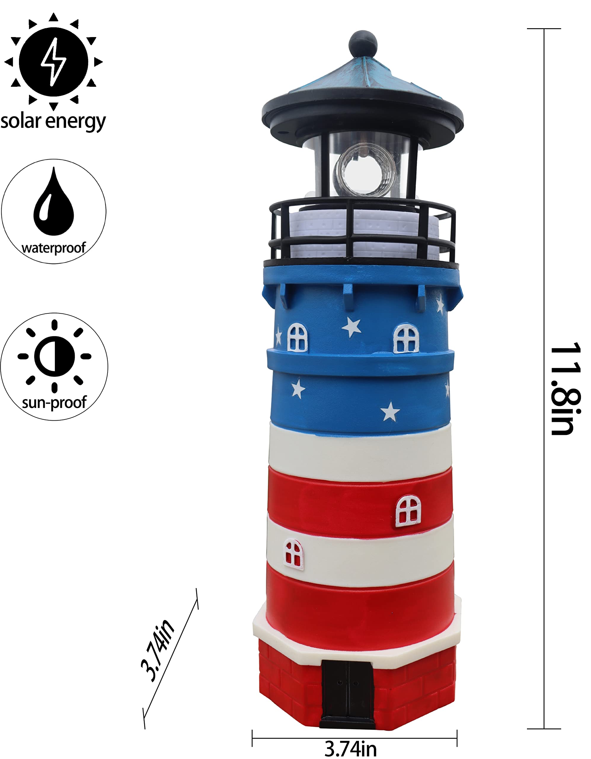 YQLEPIN Garden Solar Lighthouse Décor, American Flag Solar Lighthouse with Rotating Beacon,Lighthouse Lawn Ornament Patio Windowsill Decoration, Best Gift for Child Friends.(Round Design
