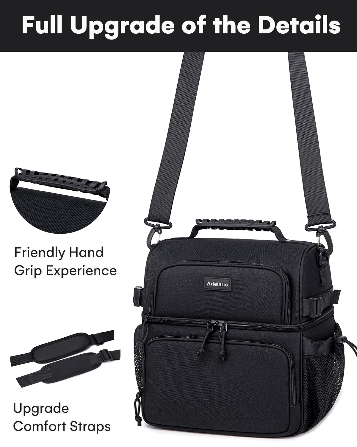 Artelaris Lunch Bag for Men Women, Dual Compartment Insulated Lunch Bag, Large Double Deck Leakproof Cooler Tote Bag with Side Pockets & Shoulder Strap Lunch Box for Picnic Work Camping Fishing