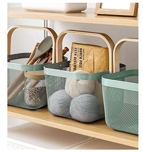 HOJKMA Mesh Steel Storage Organizer Basket, Multi-Functional Metal Wire Hanging Kitchen Baskets Fruit Basket with Bamboo Handle Ideal for Kitchen, Bathroom, Pantry, Cabinet Home, Shopping, Green
