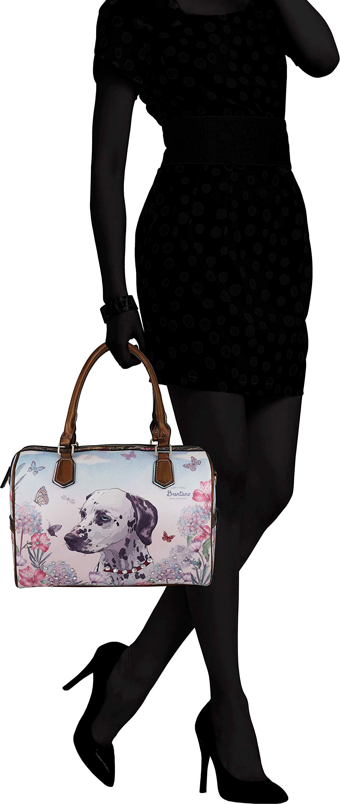 B BRENTANO Vegan Cute Animal Graphic Top Handle Boston Shoulder Bag with Rhinestones (Cozy Dog Wagon.)