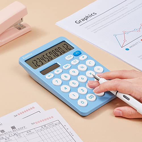 Comix Desktop Calculator with Large LCD Display and Big Button, 12 Digits Baisc Calculator, Standard Calculator, Solar Battery Dual Powered, for Office Home School & Business Use (Blue)