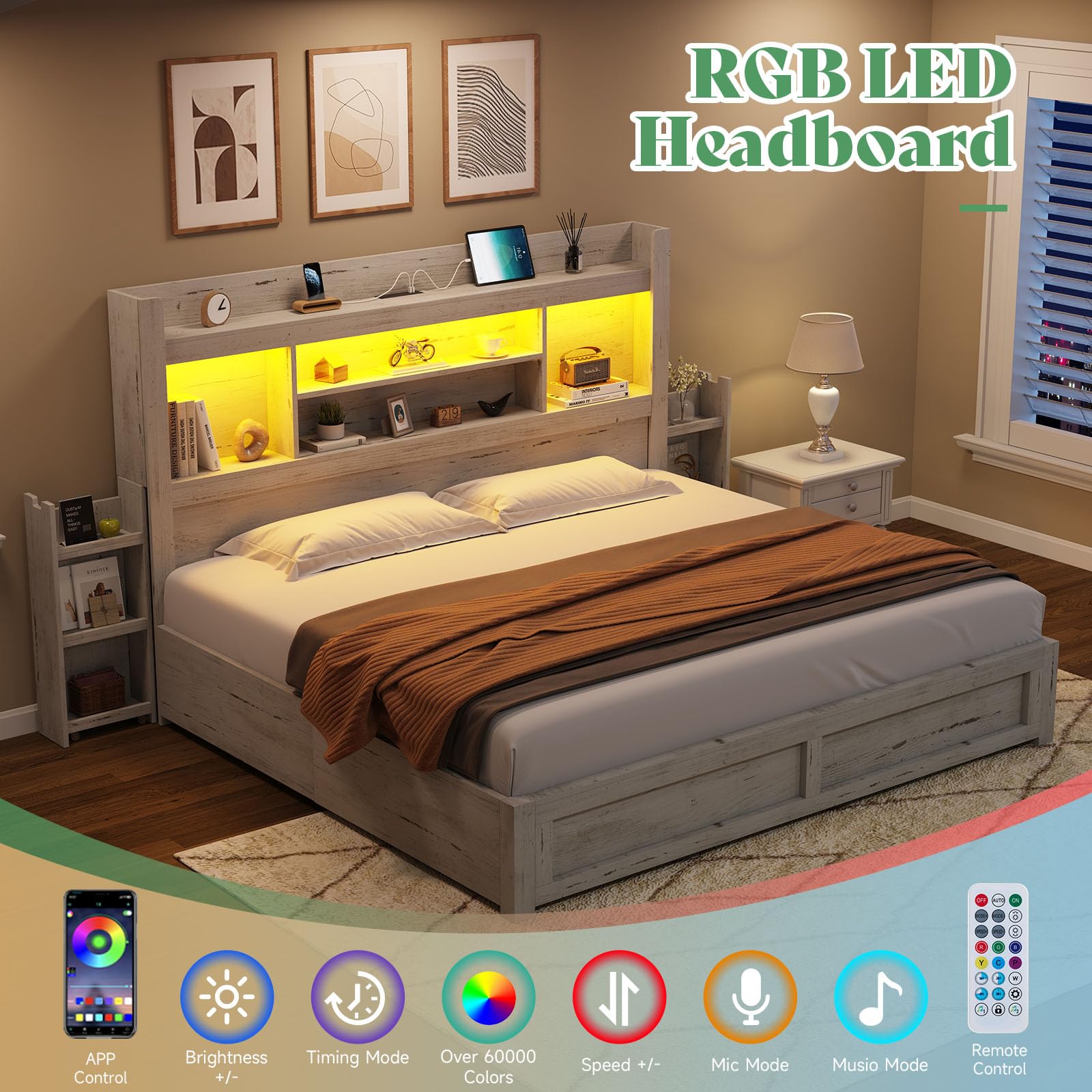 AMERLIFE King Size Bed Frame with 4 Storage Drawers, LED Bed Frame with 49.6" Tall Bookcase Headboard, Wood Platform Bed with Charging Station & 2 Slide Bedside Shelf, No Box Spring Needed/Black