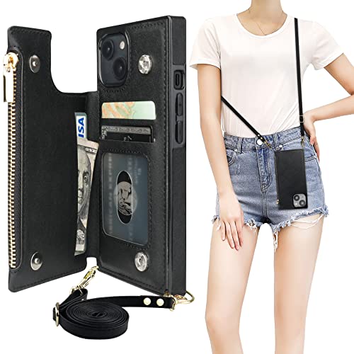 Bocasal Crossbody Wallet Case for iPhone 14 with RFID Blocking Card Slot Holder, Magnetic Flip Folio Purse Case, PU Leather Zipper Handbag with Detachable Lanyard Strap 6.1 Inch 5G (Black)