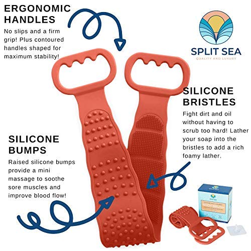 Back Scrubber for Shower, Silicone Bath Body Brush Cleanses, Exfoliates & Massages Dual-Sided Easy to Clean High Quality Premium Invigorate Skin, Improve Acne & Bathe SplitSea (27.5 Inch, Sunset Red)