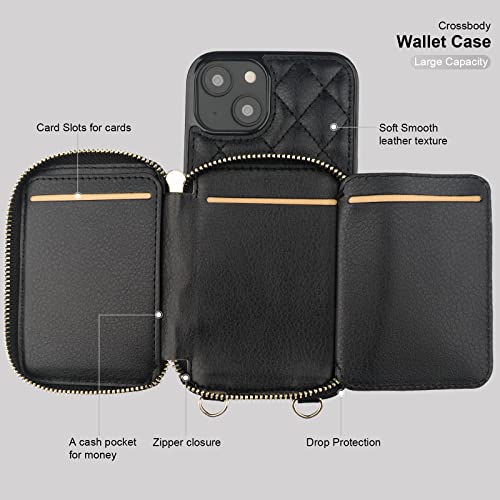 Bocasal Crossbody Wallet Case for iPhone 14, RFID Blocking PU Leather Zipper Handbag Purse Flip Cover, Kickstand Folio Case with Card Slots Holder Wrist Strap Lanyard 5G 6.1 Inch (Black)