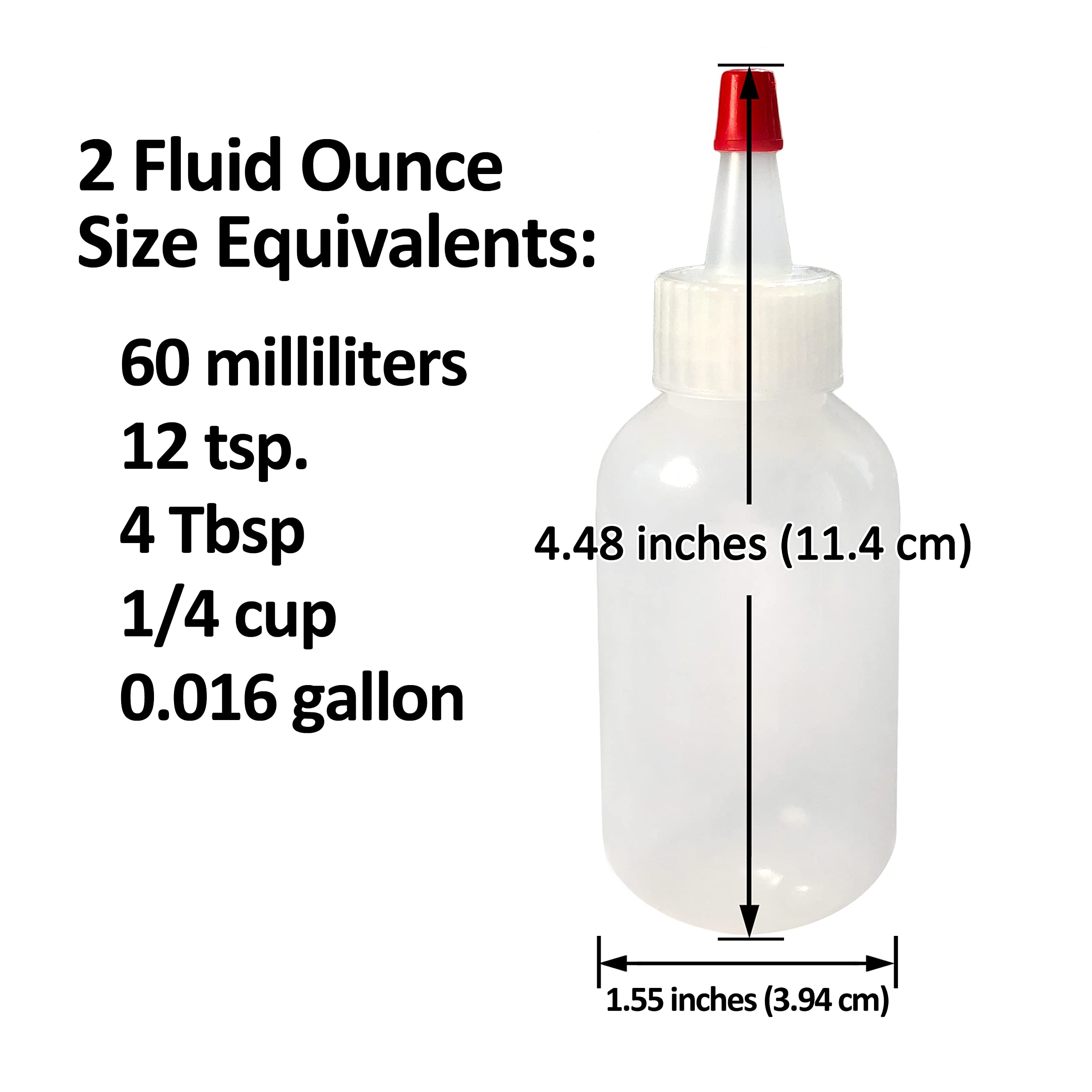 510 Central Yorker Squeeze Bottles (2oz, 4 Pack) Boston Round with Red Tip Caps - LDPE Plastic - Made in USA