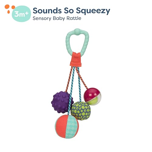 B. toys – B. baby- Rattle Ball – 4 Balls & Teething Clip -Sensory Toy with Colors Textures & Sounds – Sounds So Squeezy – 3 Months +