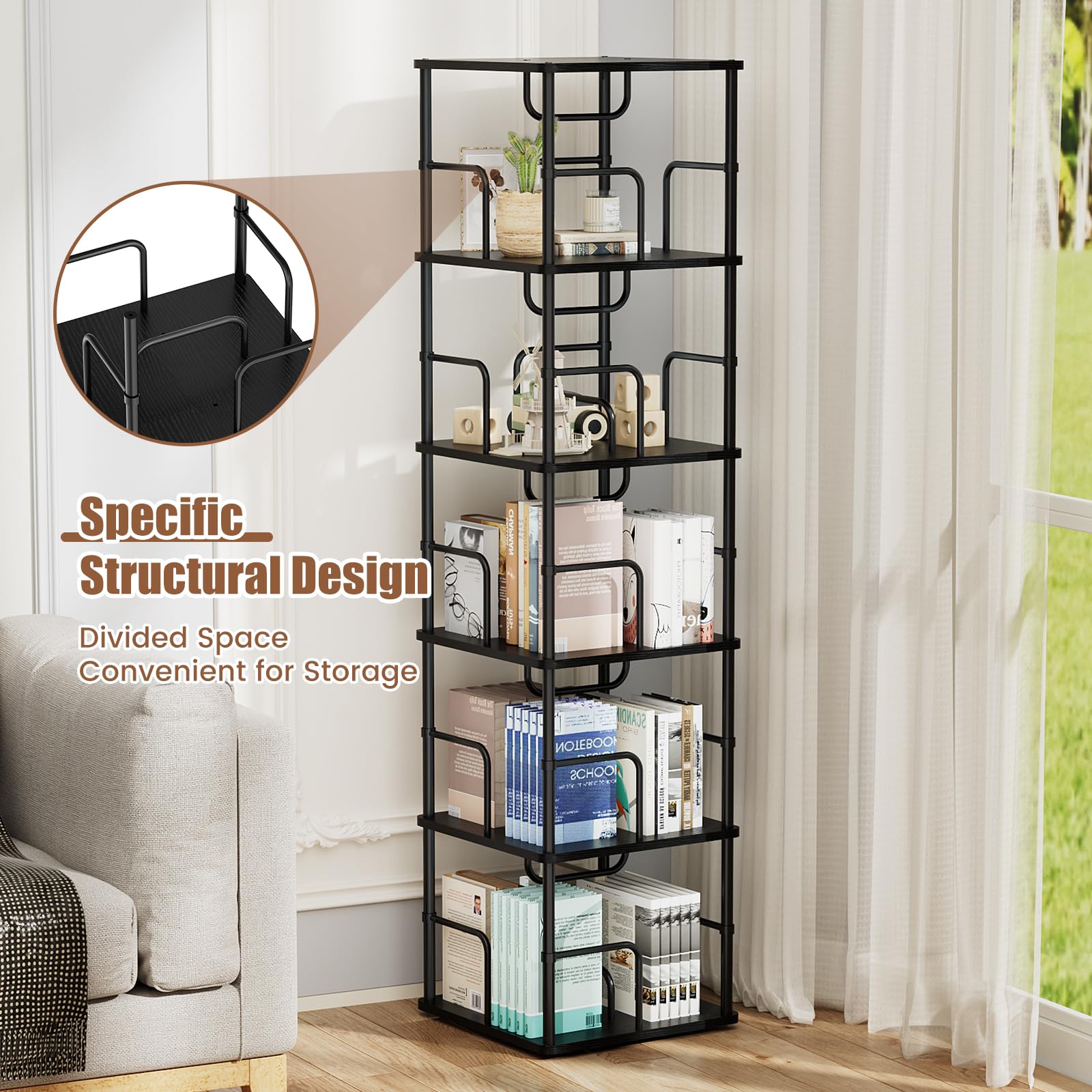 5 Tier Square Rotating Bookshelf, 360 ° Display Stackable Spinning Bookshelf Tower, Space Saving Tall Floor Standing Swivel Bookcase Corner Storage Organizer for Bedroom, Living Room, Rustic Brown