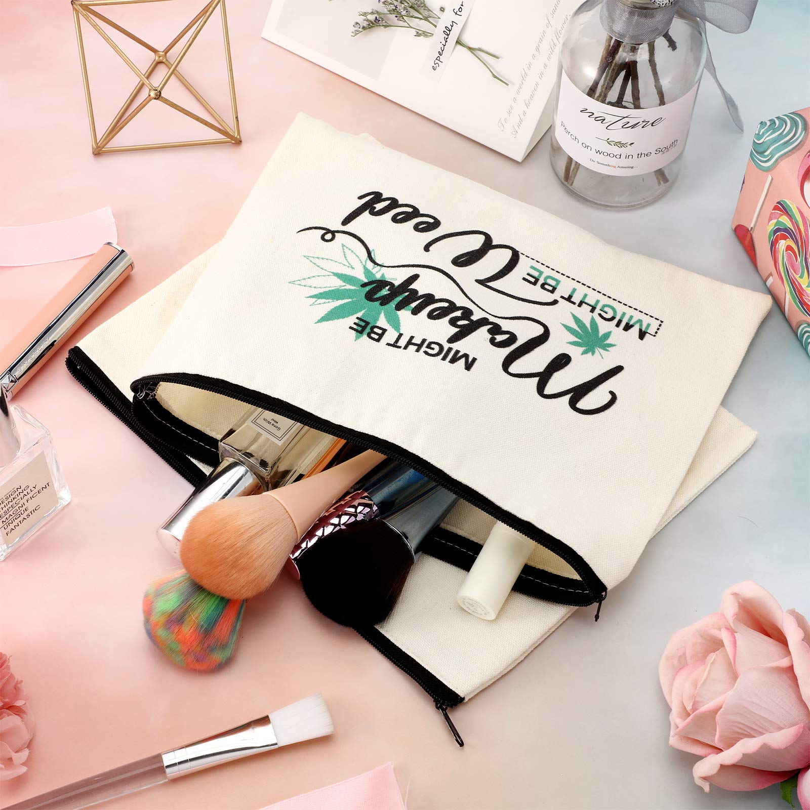 Weewooday 2 Pcs Leaf Makeup Bags Funny Might Be Makeup Might Be Weed Bag Cosmetic Zipper Purse Weed Gifts for Women Vacation Travel