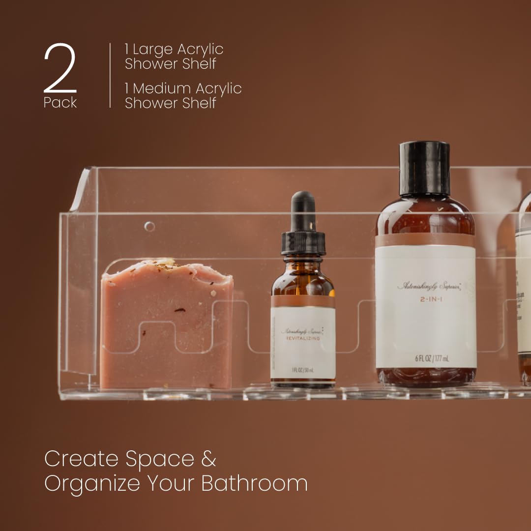 ANGORA BRANDS Acrylic Shower Shelves | Bathroom Shower Caddy Organizer | No Drilling, Adhesive Wall-Mounted Floating Shelves | 2 Pack Tranparent Shelf Organizer For Storage & Display by Cotea