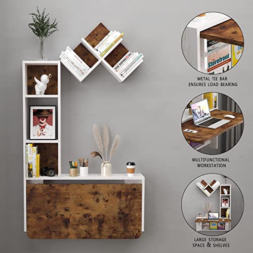 Bixiaomei Folding Wall Mounted Drop Leaf Table, Foldable Desk with Moveable Cabinets, Floating Laptop with Convertible Storage Shelves, Multifunctional Computer Workstation in Home for Space Saving