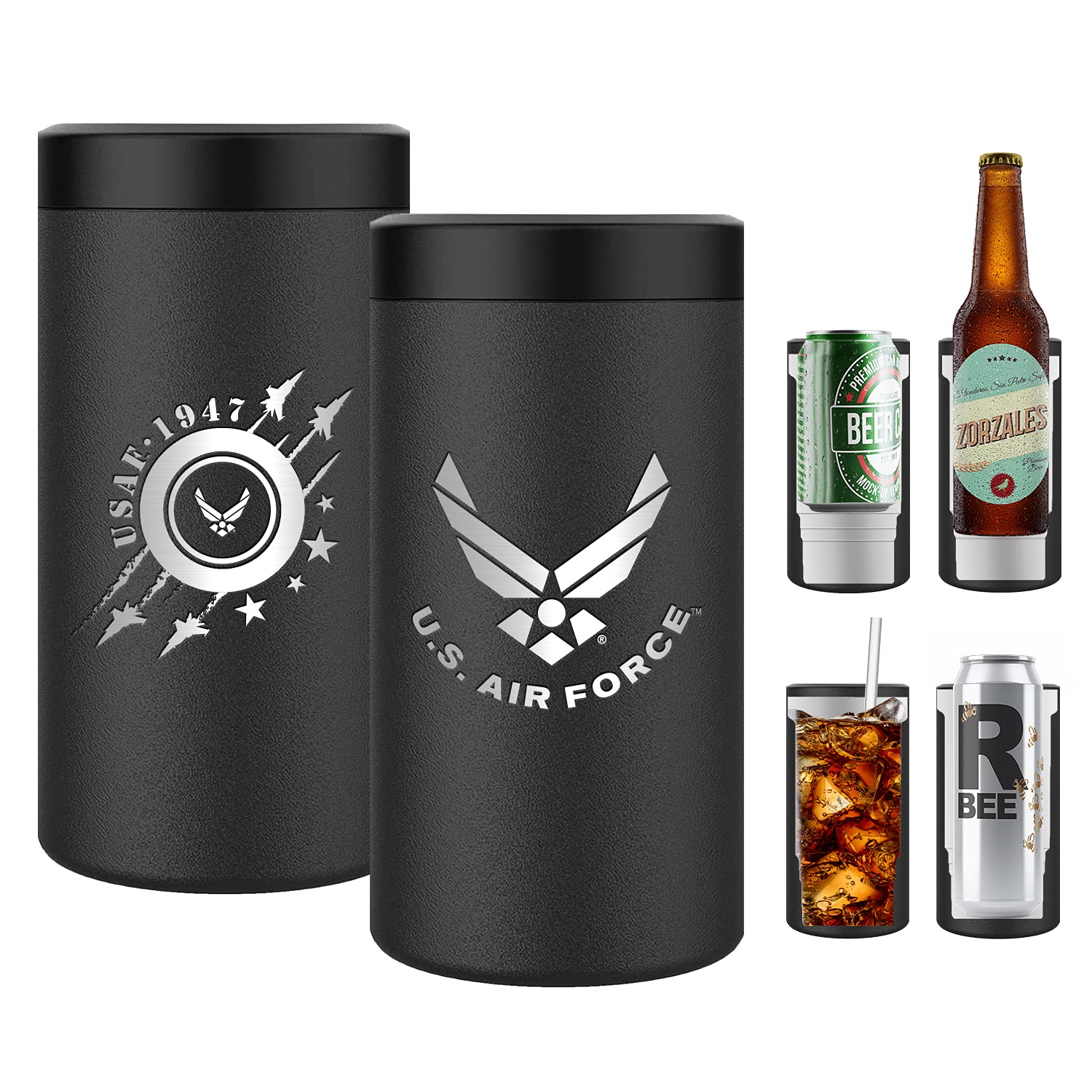 Air Force 4 in 1 Insulated Can Cooler, Stainless Steel Double-Walled Insulator for 12 oz Standard or Skinny Slim Cans, 12 Oz Beer Bottles & Mixed Drinks – Gifts for Airmen