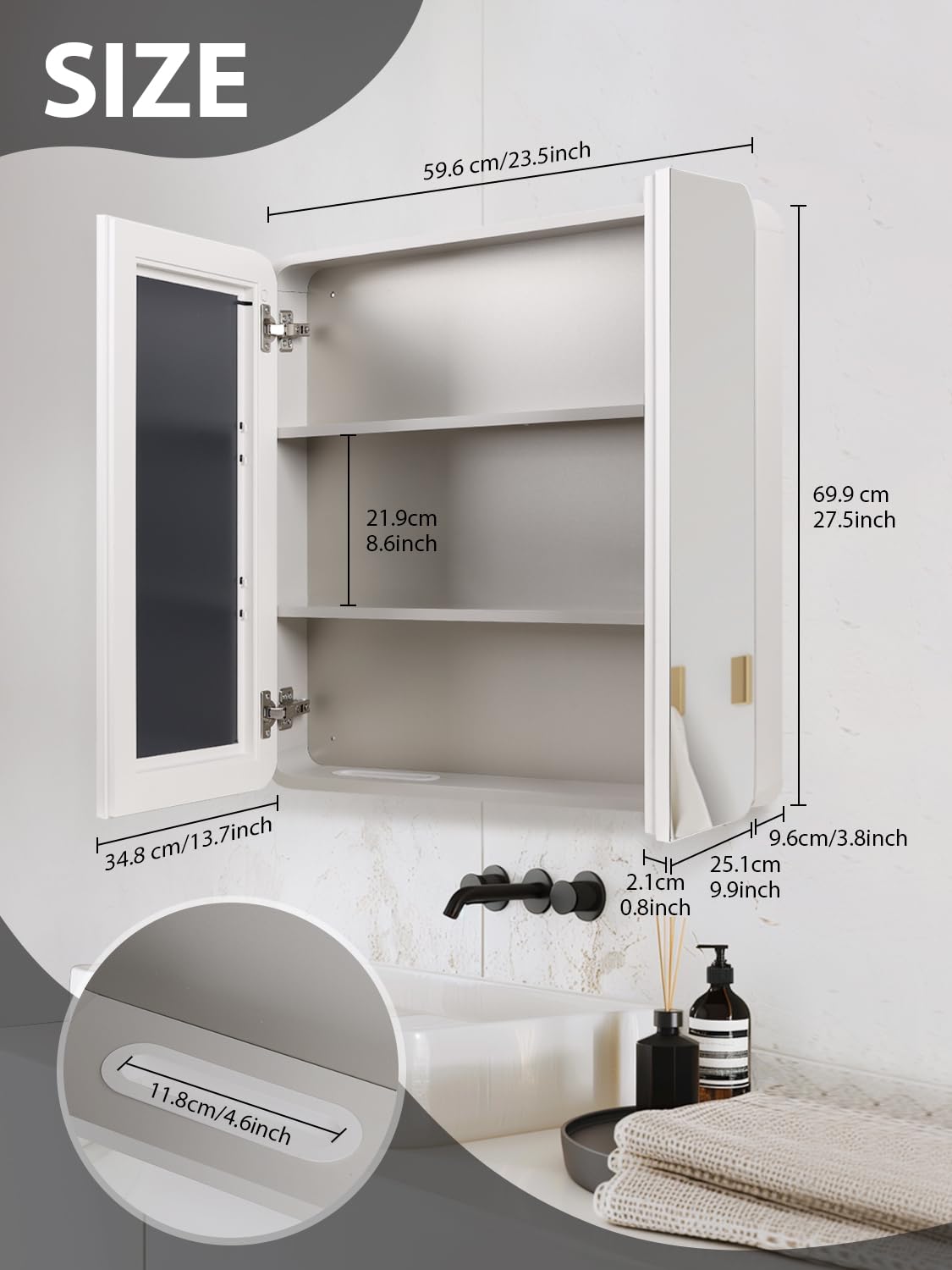 Avidanza Medicine Cabinets with Mirror for Bathroom, 24 Inch Surface Wall Mounted Bathroom Mirror with Storage, Stainless Steel Framed Beveled Mirror, with Double Door and 3 Tier, Grey