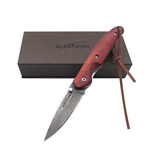 ALBATROSS HGDK004 Awesome EDC Damascus Pocket Folding Knife lanyard, Rosewood Handle, Gifts/Collections