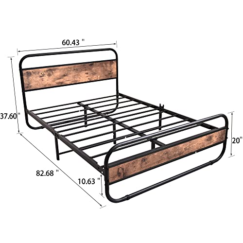Albearing Queen Size Bed Frame with Wooden Headboard and Footboard, Heavy Duty Oval-Shaped Platform Bed with Under-Bed Storage, Steel Slats Mattress Foundation Round Pipe Design,Brown
