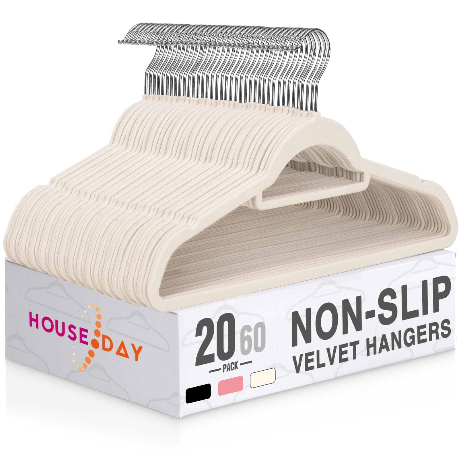 HOUSE DAY Velvet Hangers with Tie Bar 20 Pack Ivory, Clothes Hangers Non-Slip, Space Saving Felt Hangers for Pants, Coat, Suits, Shirt, Scarf, No Hanger Marks