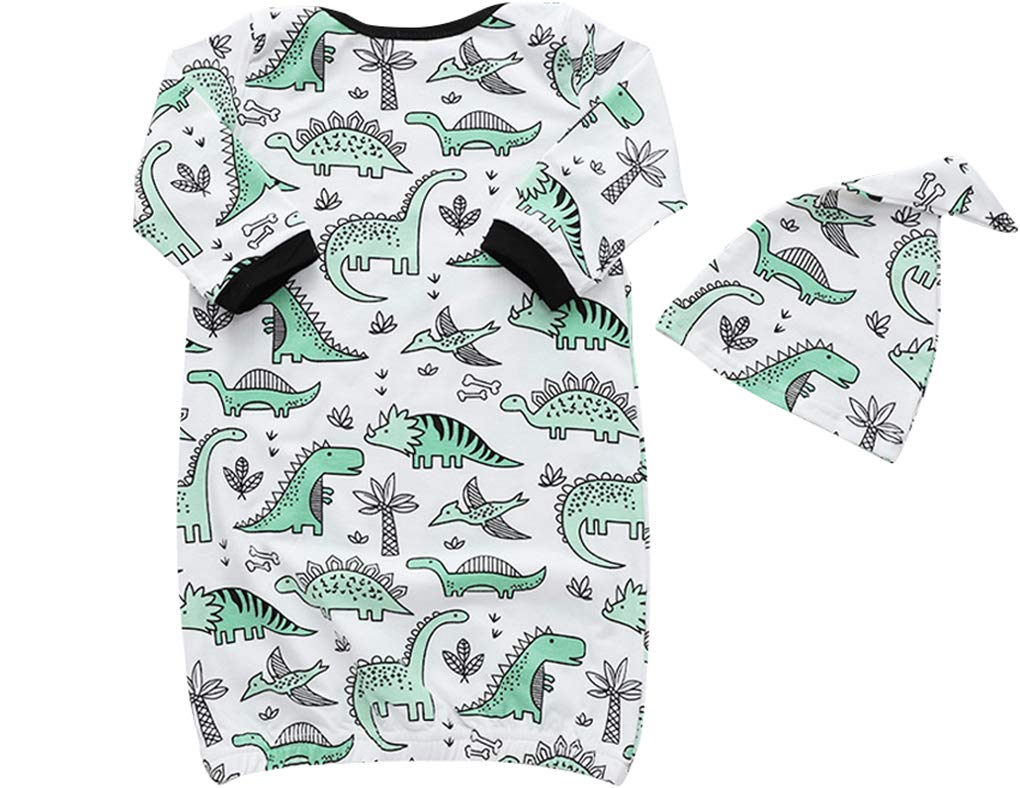 Unisex Baby Wearable Blanket with Hat Cap Cotton Sleeping Bag 2 Pcs Long Sleeve Nightgowns (Dinosaur, 0-6M)