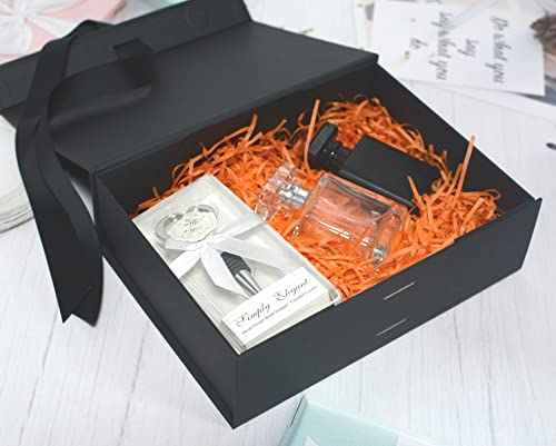 Black Luxury Magnetic Gift Box with Lid, Ribbons and Gift Bag, Medium Size-9.4x7x3 Inches, Great for Business, Christmas, New Year, Wedding, Birthdays, Groomsman, Husband, Presents Display and Packging