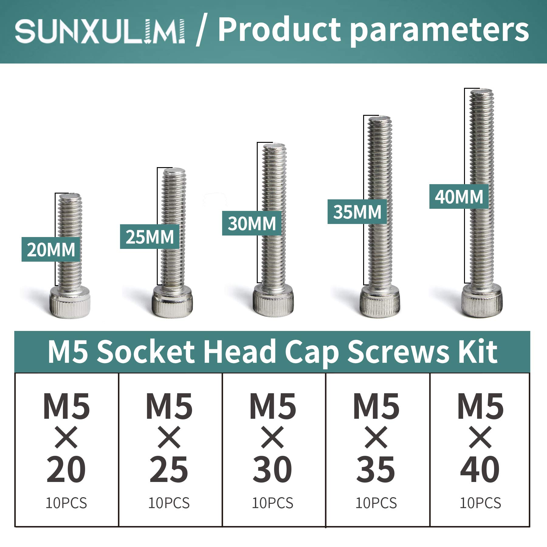 M5 x 20mm 25mm 30mm 35mm 40mm Socket Head Cap Screws Bolts Stainless Steel 304 Metric Machine Hex Socket Screw, 50PCS