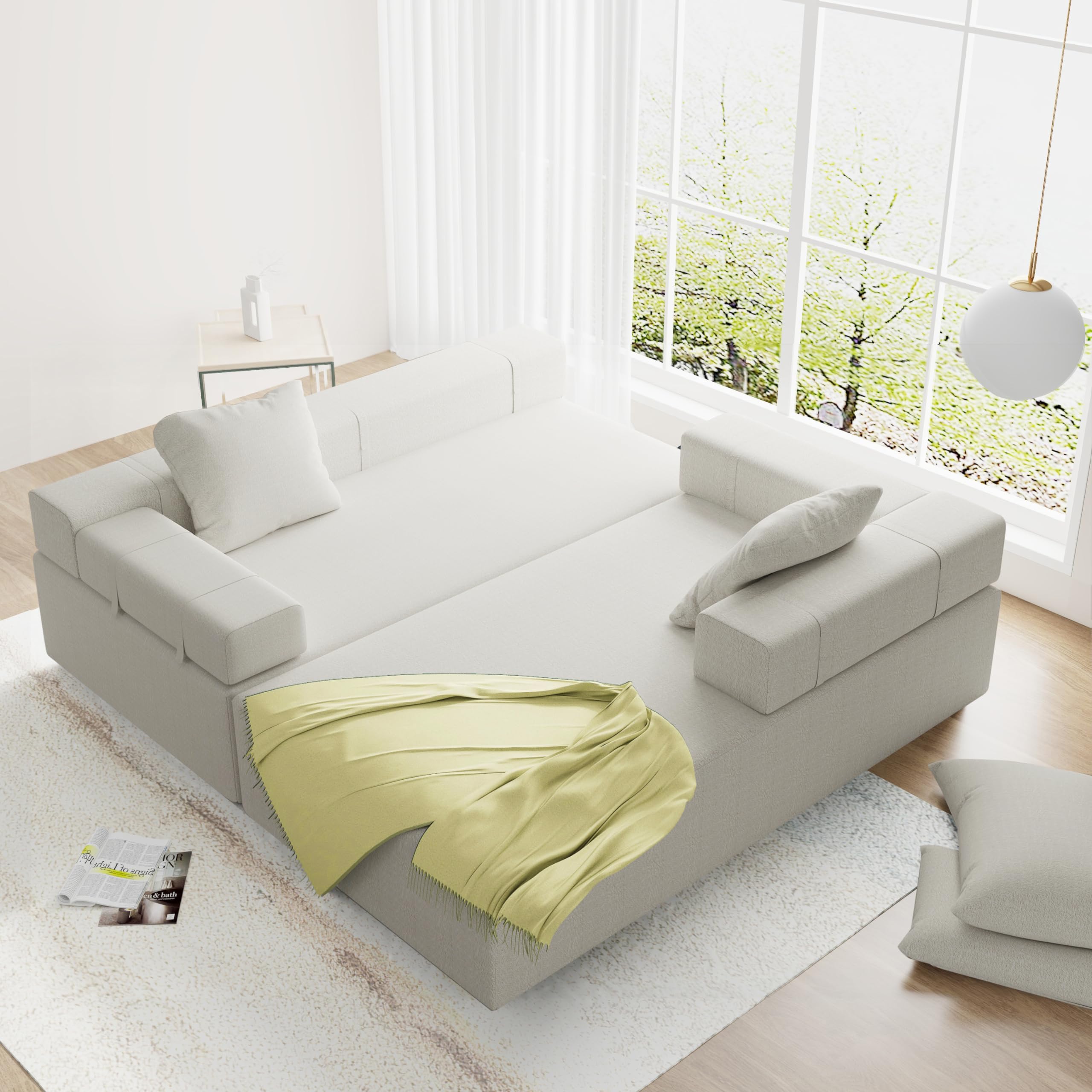 DEINPPA Modular Cloud Sofa Couch, Minimalist Style Living Room Furniture Set, Chenille Fabric Sectional with Pillows and Removable Armrest, No Tools Required for Assembly-Ivory(Right Facing Chase)