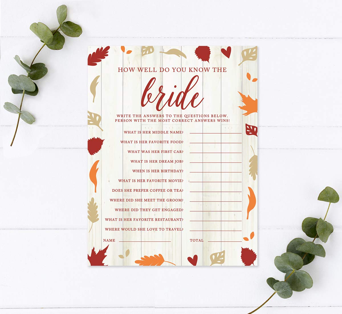 Andaz Press Fallin' in Love Autumn Fall Leaves Wedding Party Collection, How Well Do You Know the Bride? Bridal Shower Game Cards, 20-Pack