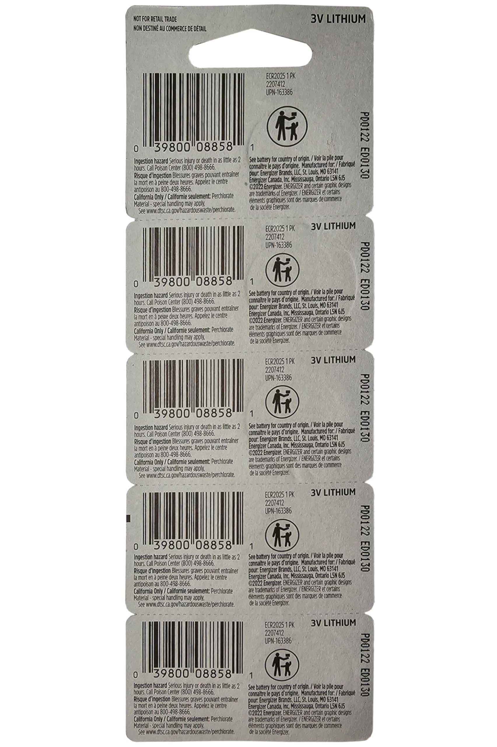 Energizer CR2025 Lithium Battery, Card of 5ORMD