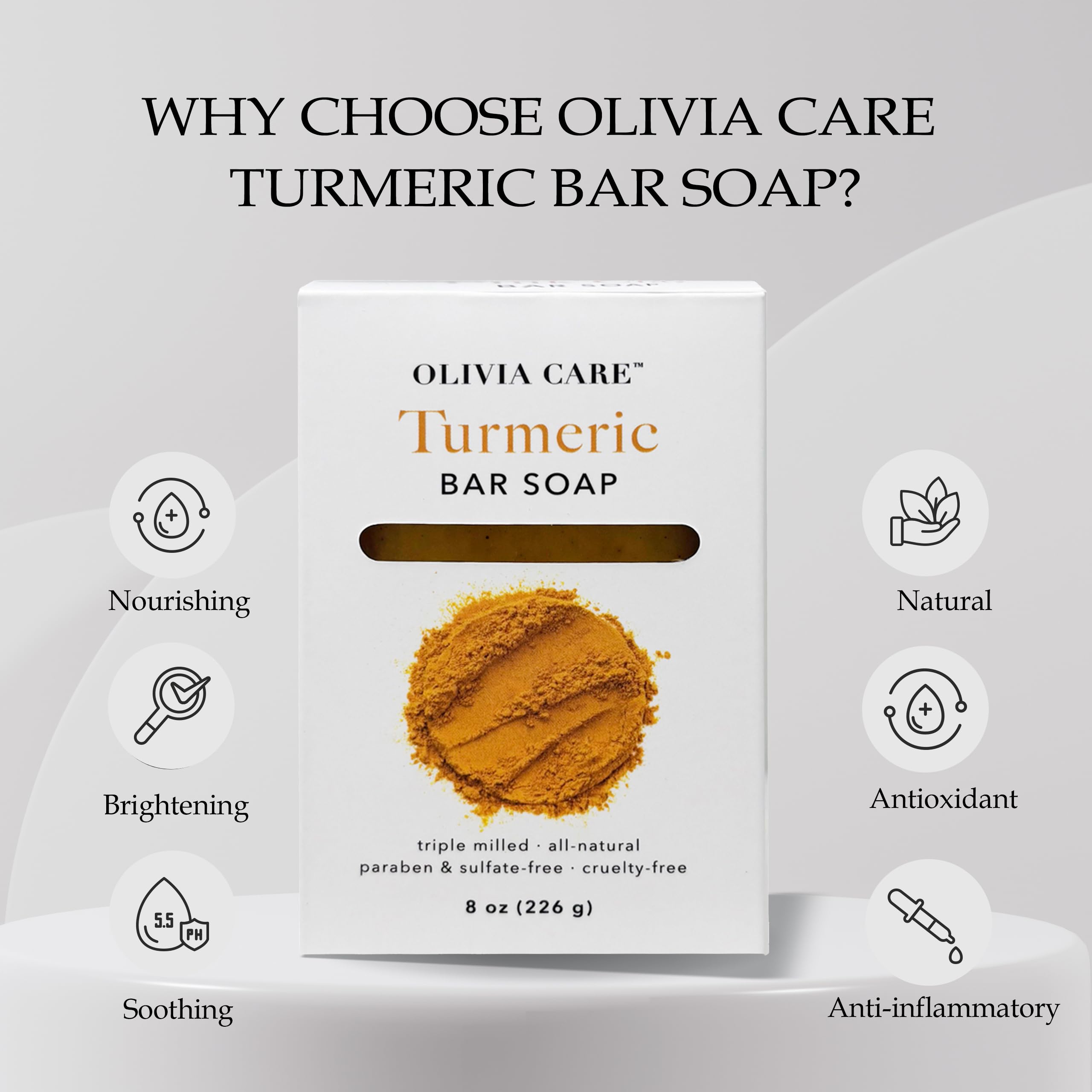 Olivia Care Turmeric Bar Soap -Natural, Vegan & Organic - For Face & Body Exfoliate, Hydrate, Moisturize & Deep Clean - Triple-Milled - Infused with Antioxidants - 8 OZ