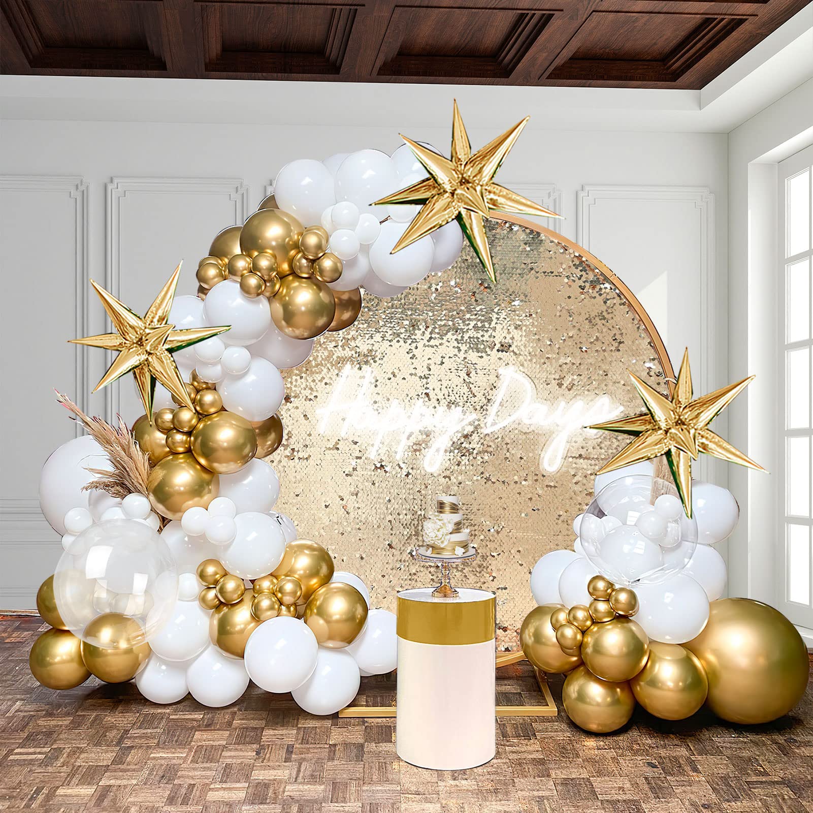 White and Gold Balloon garland kit 145Pcs Chrome Gold and matte white Bobo starburst balloon arch for Bride to be Birthday Party Baby shower Decorations