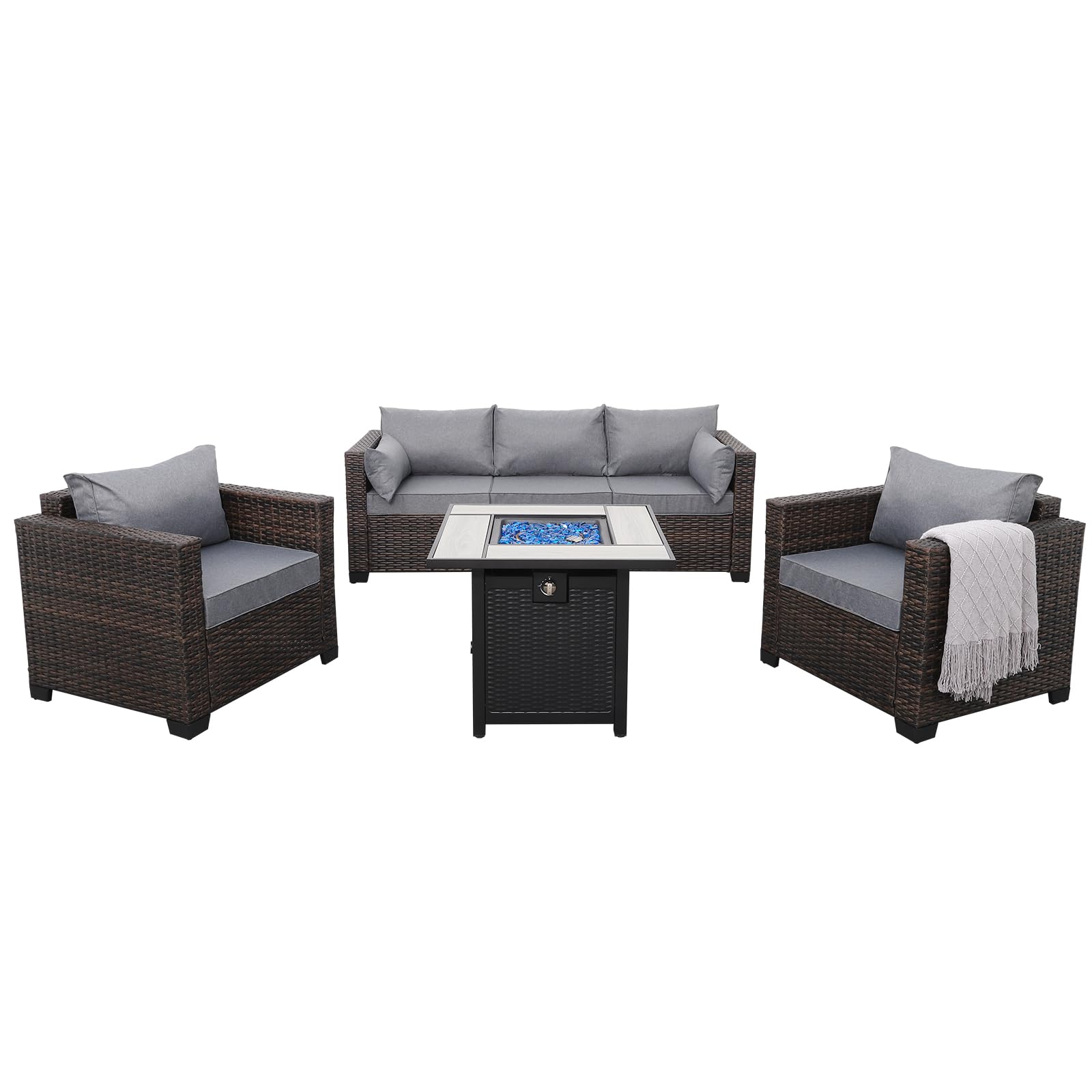 Valita Patio Rattan Furniture Set 4-Piece Outdoor PE Wicker Conversation Couch, Brown Sectional Sofa Couch with 50,000BTU Adjustable Fire Pit Table Non-Slip and Washable Gray Cushions