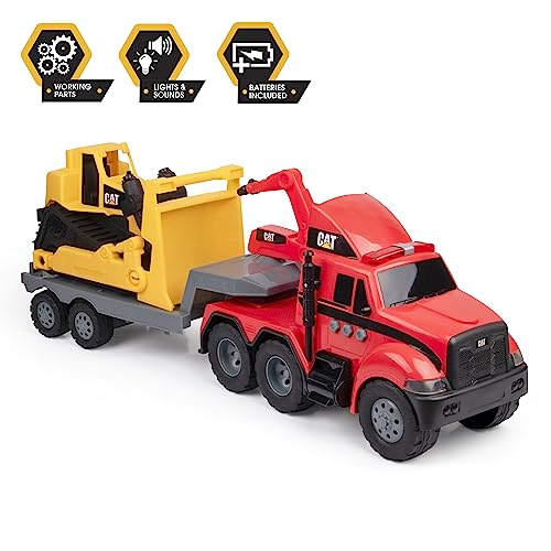 CAT Construction Toys, Heavy Movers, Semi Firetruck and Trailer with Bulldozer, Lights & Sounds, Ages 3 and up