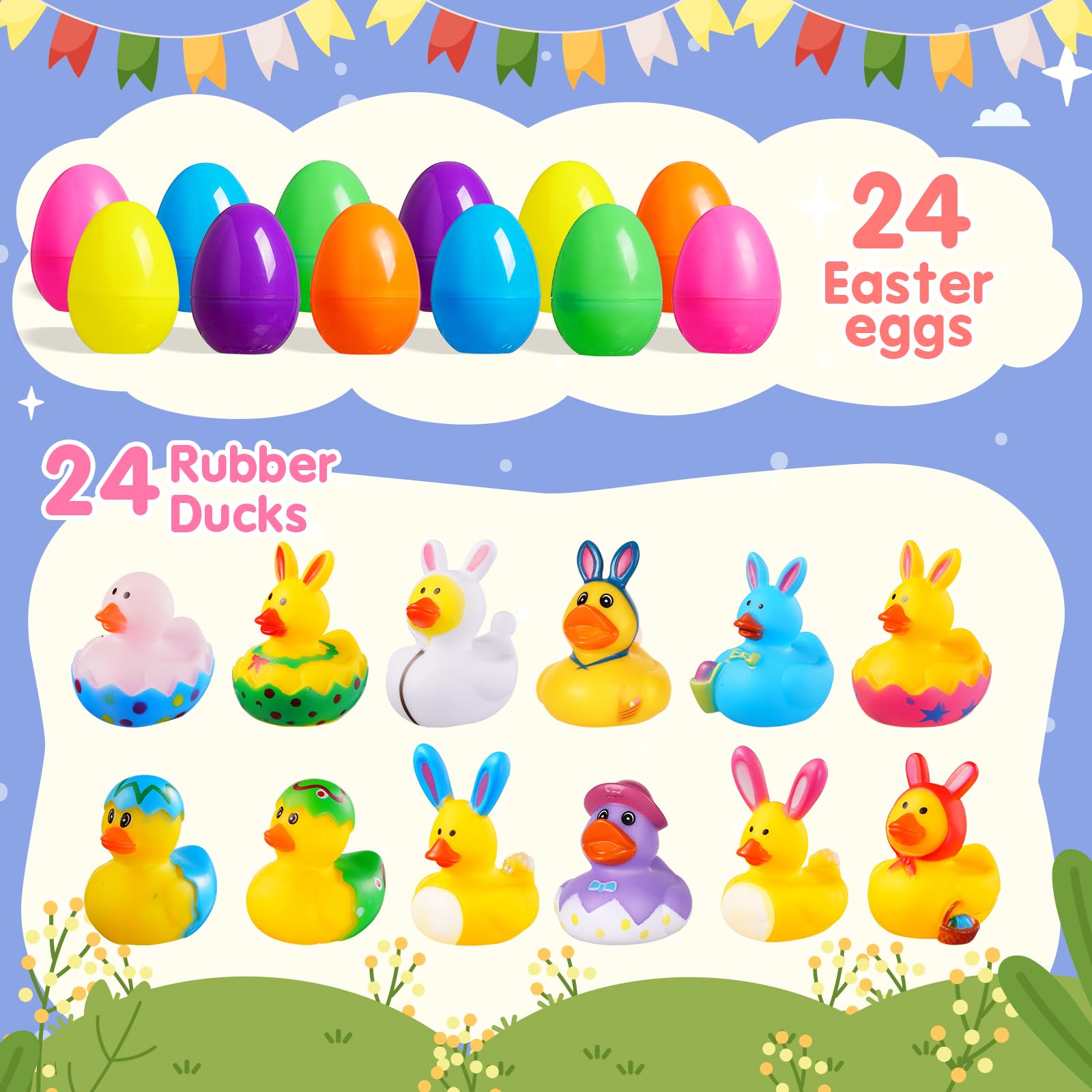 ANGGIKO 24 Pack Easter Rubber Ducks Bulk with Easter Eggs, Easter Party Favors Easter Basket Stuffer Supplies Goodie Bag Fillers, Easter Jeep Ducks Baby Bath Toys for Kids (Easter Ducks)