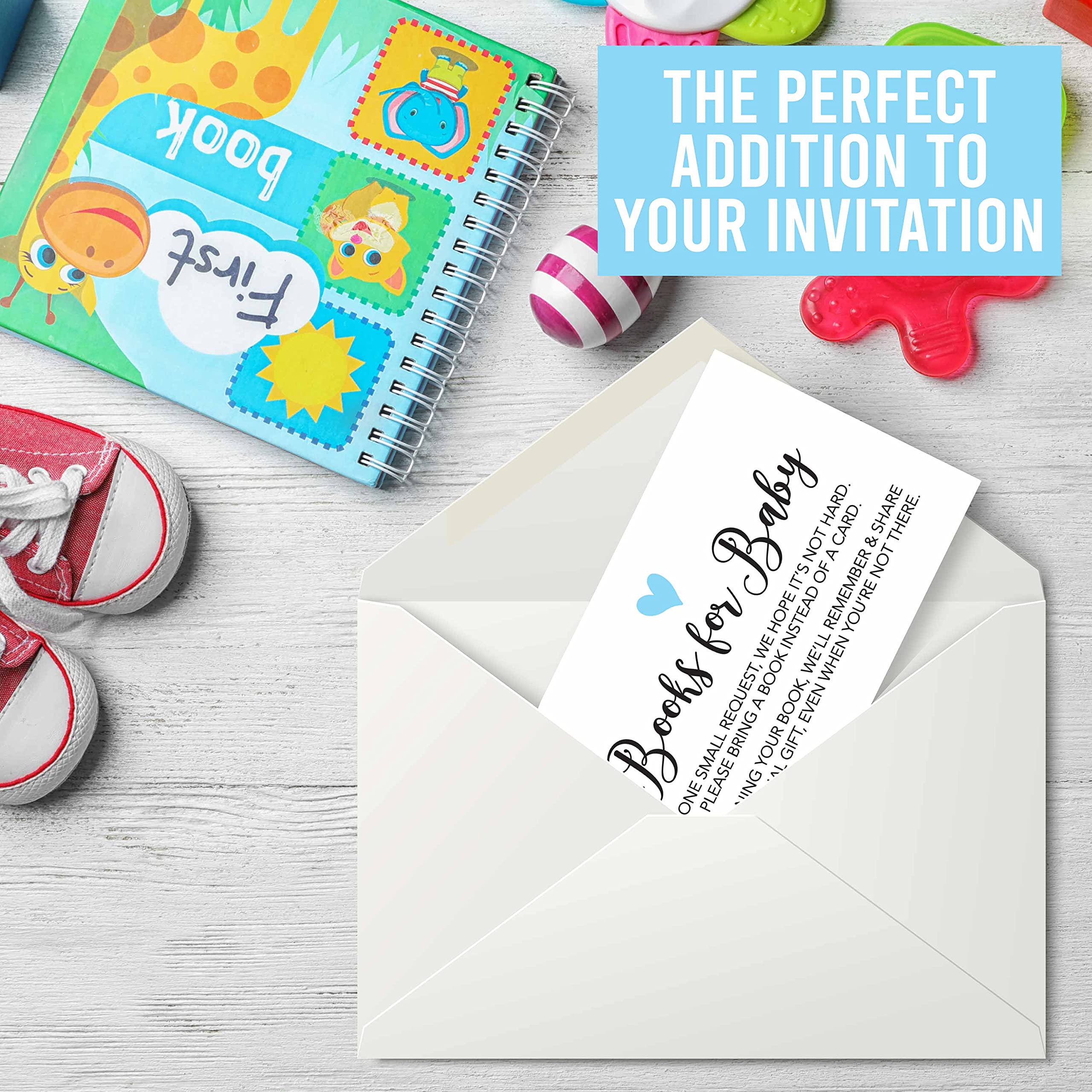 Hadley Designs 25 Books For Baby Shower Request Cards - Blue Baby Shower Invitation Inserts, Book Request Baby Shower Guest Book Alternative, Bring A Book Instead Of A Card for Boys