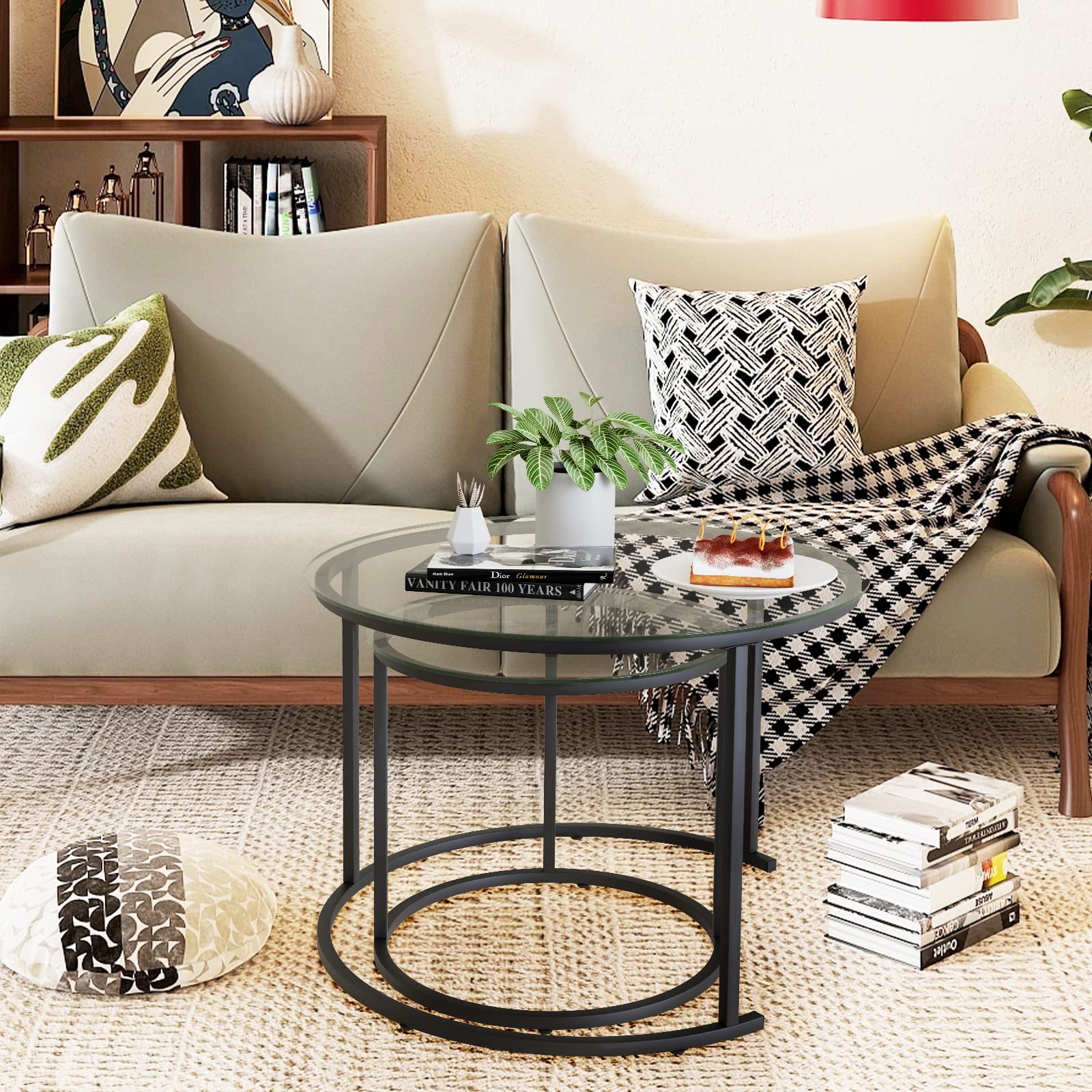 Azheruol Nesting Coffee Table Set of 2,Modern Black Tempered Glass Side Table, Metal Frame Round End Table.Small Glass Tea Table for Living Room,Bedroom Studio Apartment Essentials,17.7IN