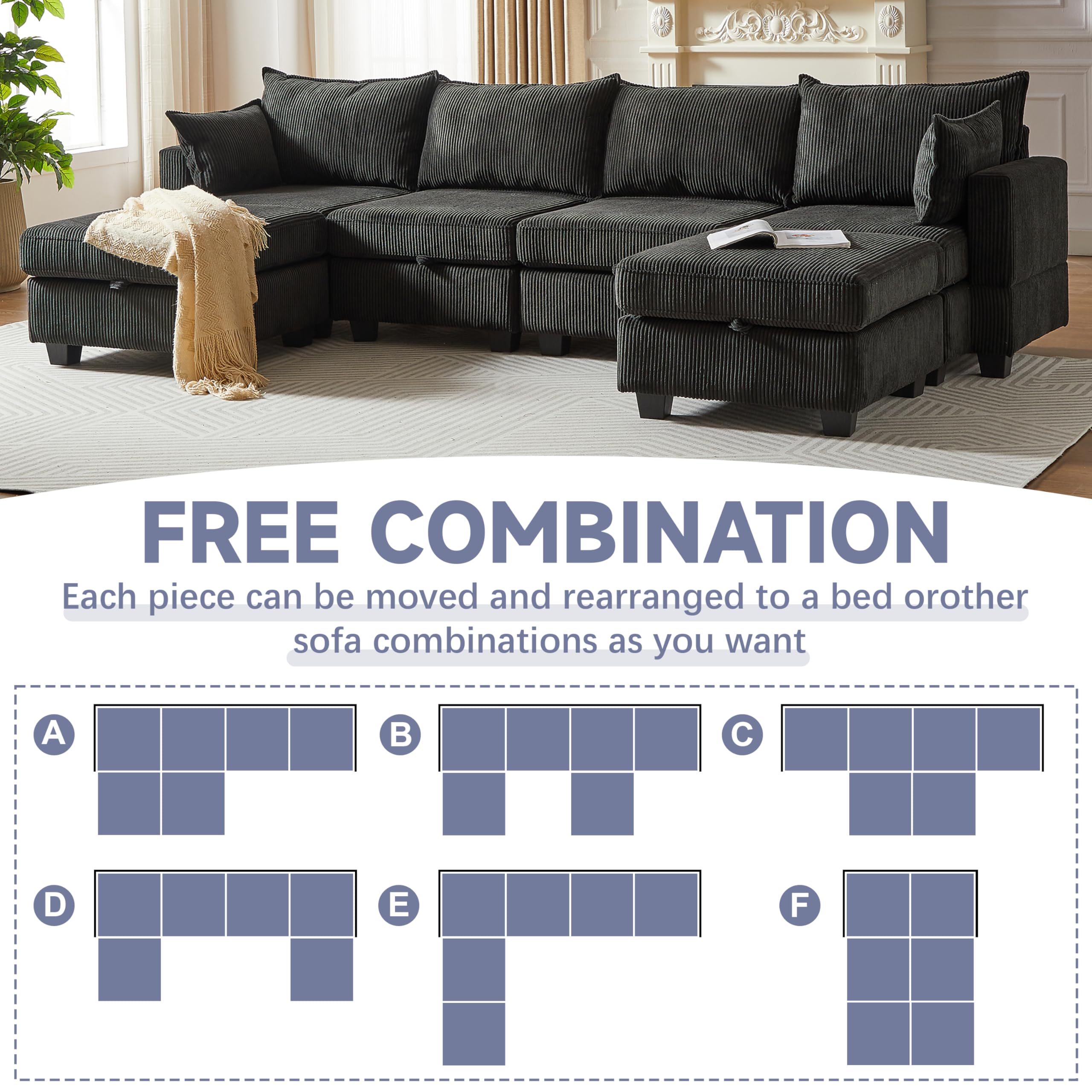 amervanito 113.5''Modern Modular Sectional Sofa, Large U-Shape Sectional Sofa Couch with Storage Seat, 6 Seats Convertible Sofa Bed with Reversible Chaise for Living Room (Black), wf035