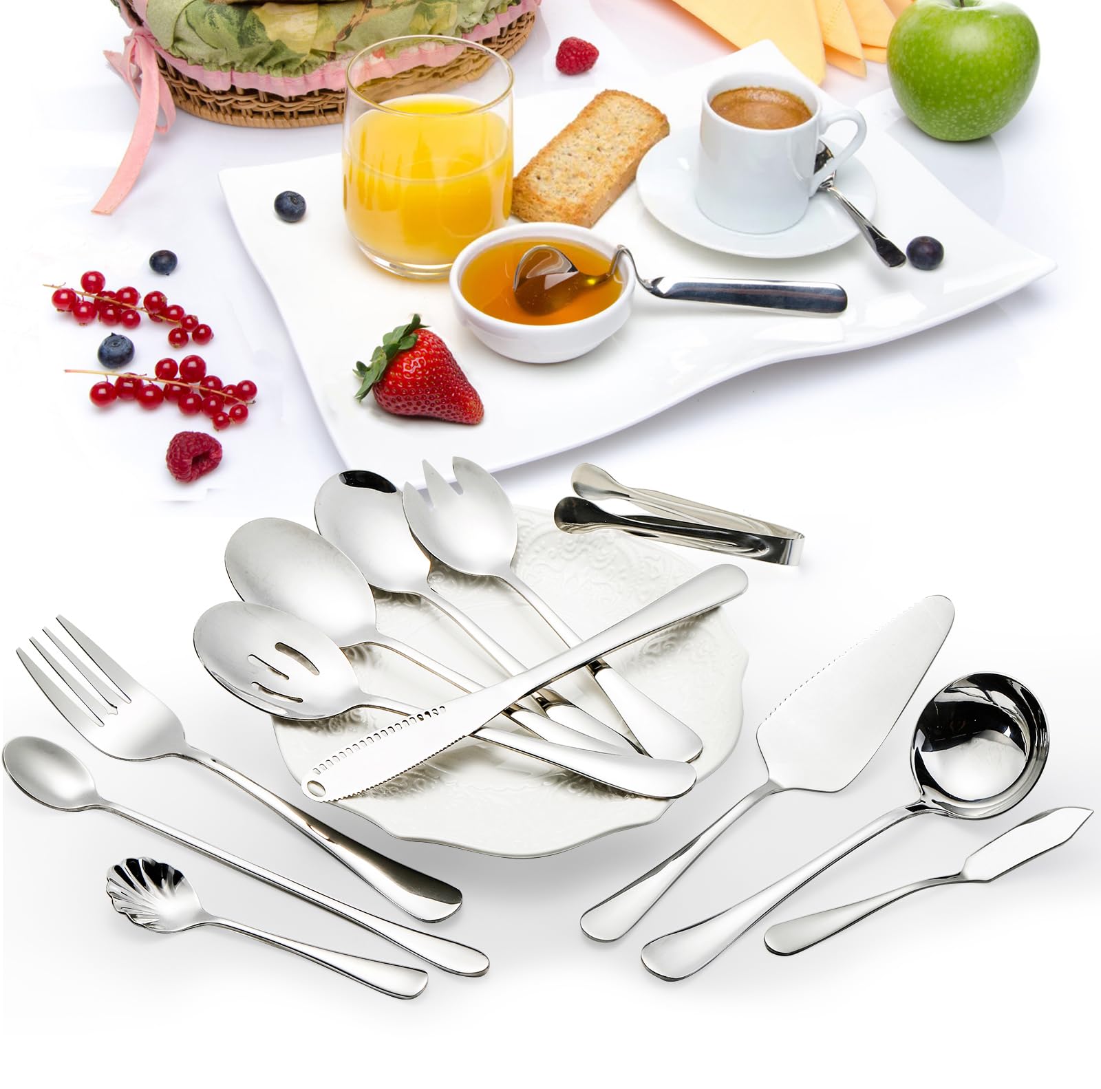 Nicunom 12 Piece Stainless Steel Serving Utensils, Silverware Serving Set Flatware Serving Tableware Cutlery Set for Home Kitchen Restaurant Party, Mirror Polished, Dishwasher Safe