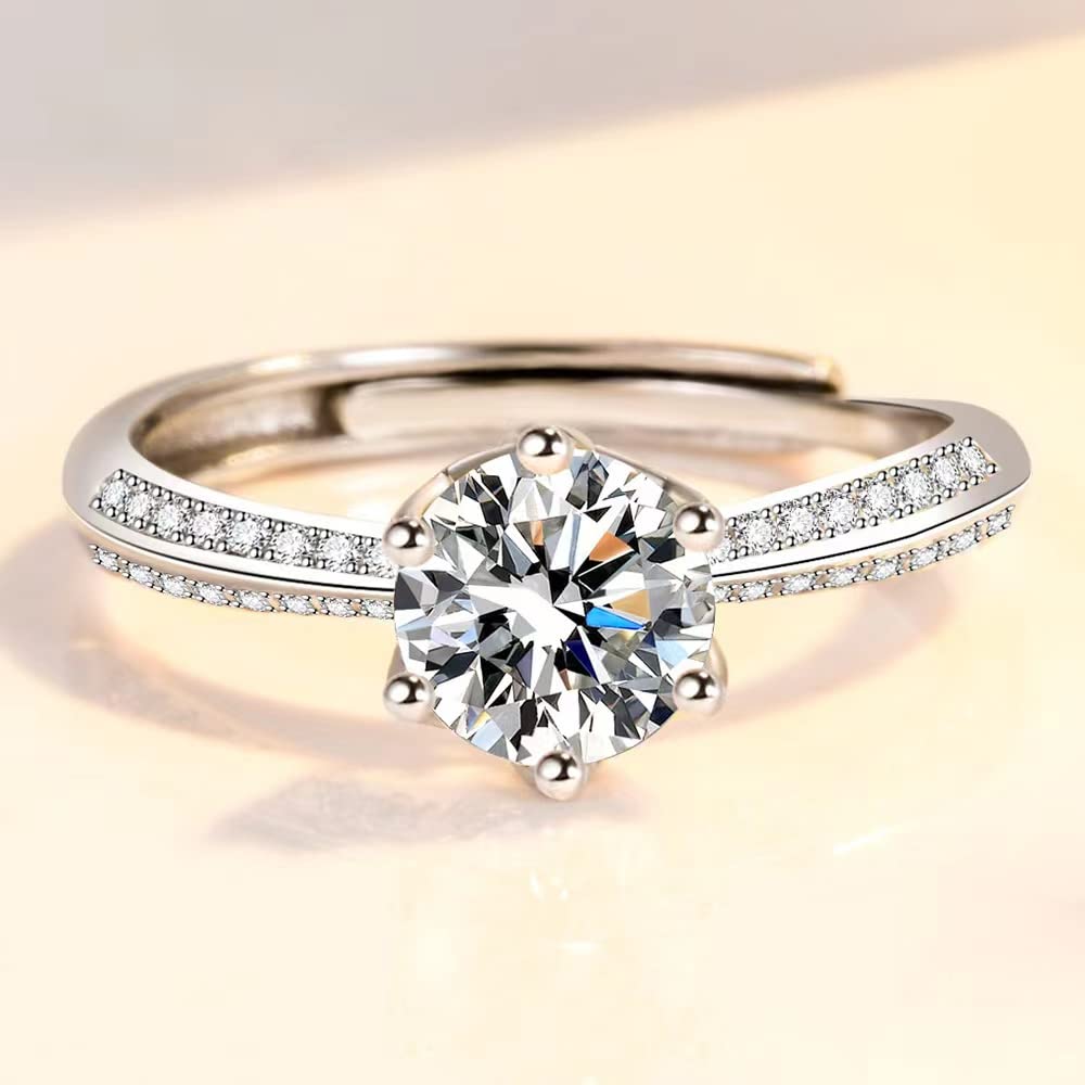 Adjustable Moissanite Ring for Women, Wedding Band 925 Sterling Silver with 18K Gold Plated Lab Created Simulated Diamond Ring, Promise Engagement Rings (2CT Half mountain river)