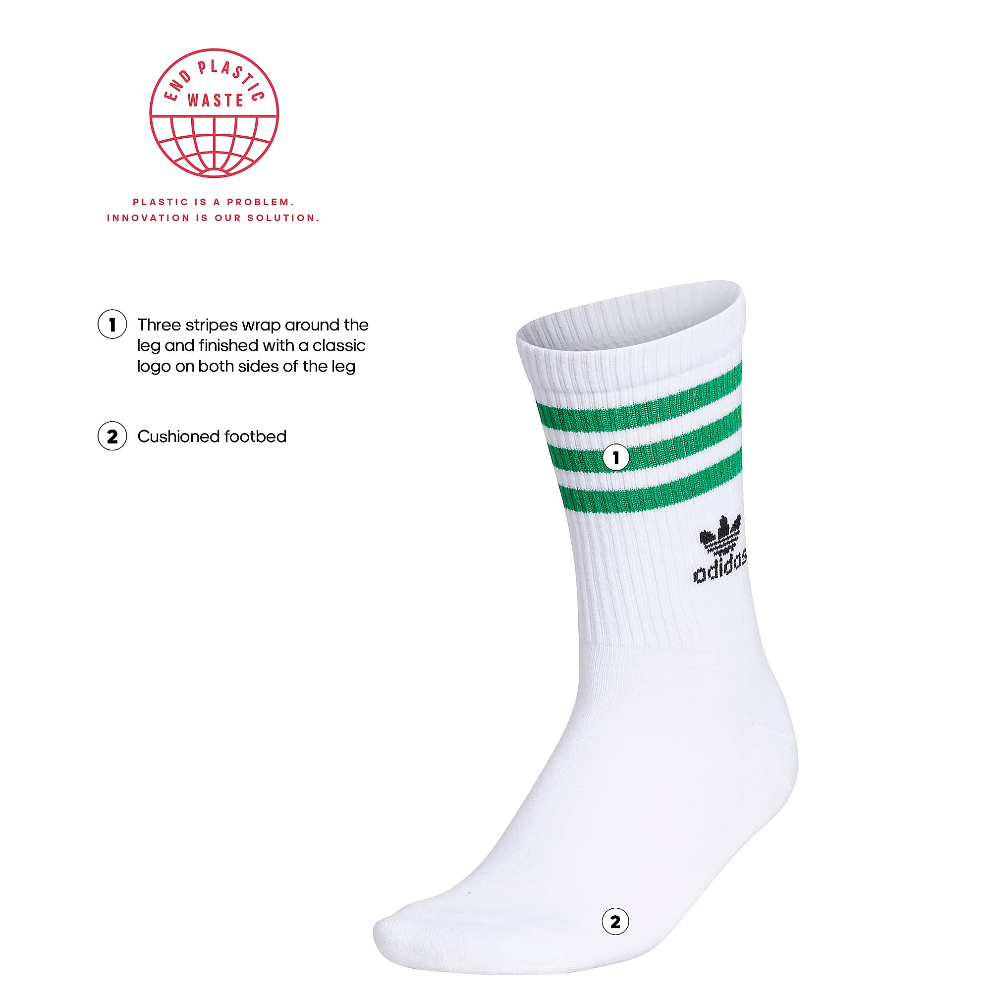 adidas Originals Unisex-Adult Roller Crew Socks (1-Pair), White/Green/Black, Medium