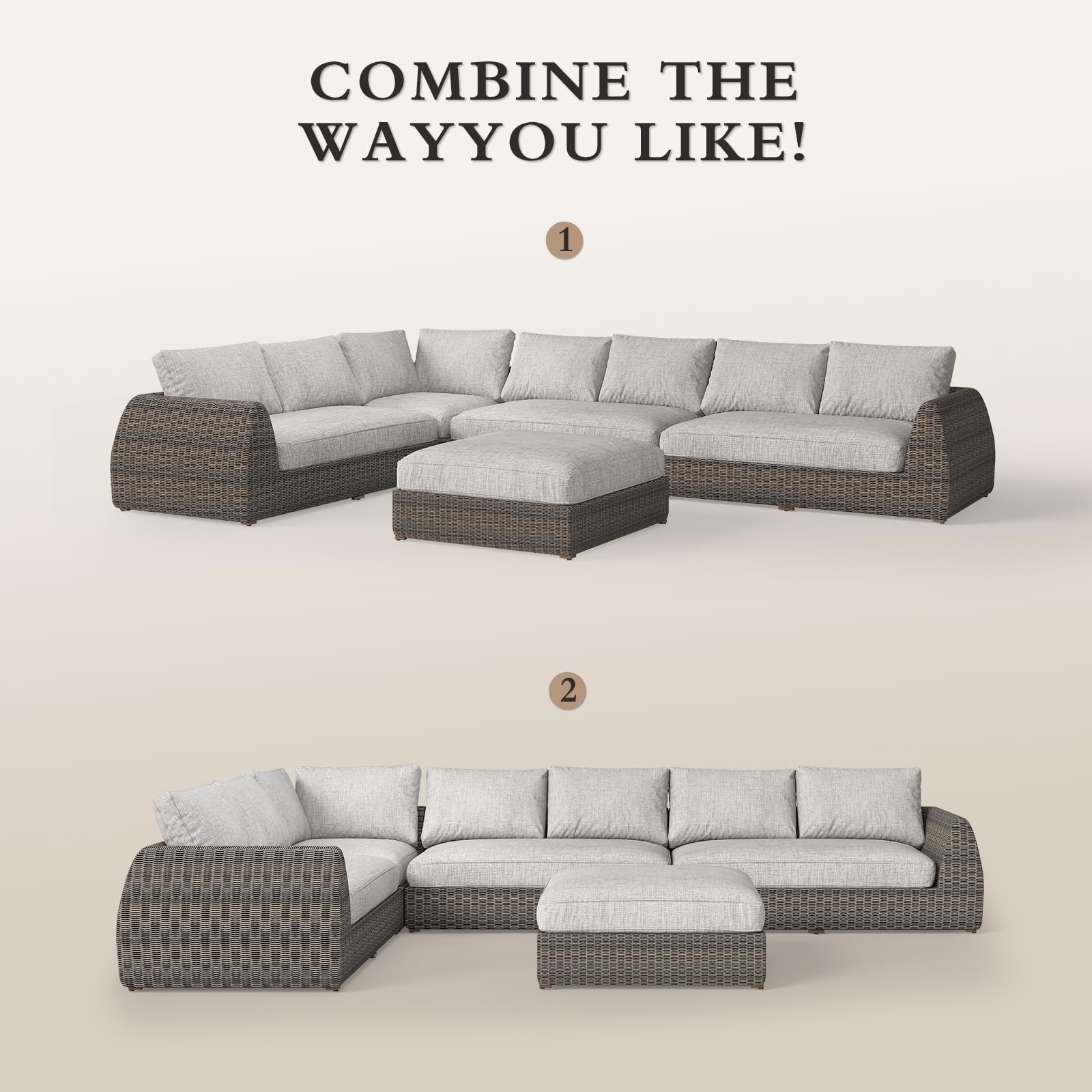 U-MAX 7-Seat Outdoor Patio Deep Seating Lounge Set with Sofa, L-Shape Backyard Patio Furniture Set, Brown Rattan Conversation Sets,Light Grey