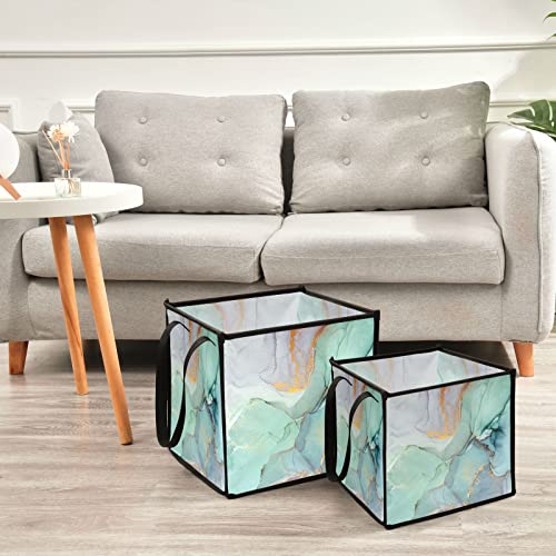 Blueangle Green Marble Texture Cube Storage Bin with Handles, 13 x 13 x 13 in, Large Collapsible Organizer Storage Basket for Home Décor(492)