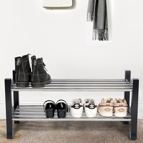 ARROWSTONE Black Shoe Rack 2 Tier, Solid Acacia Wood, 31" W Entryway Free Standing Shoe Rack, Stainless Steel Stackable Shoe Organizer for Front Door, Bedroom, Living Room, Bathroom