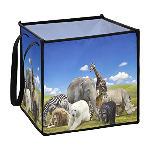Blueangle Wild Animals Group Cube Storage Bin with Handles, 13 x 13 x 13 in, Large Collapsible Organizer Storage Basket for Home Décor(507)