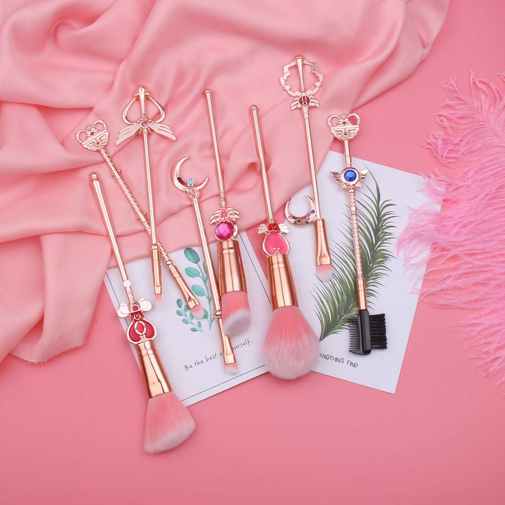8 Pcs Kawaii Makeup Brush Set with Cute Pink Pouch, Cardcaptor Cosmetic Makeup Tool Sets & Kits for Daily Use and Valentine's Day/Thanksgiving/Birthday Gift - B