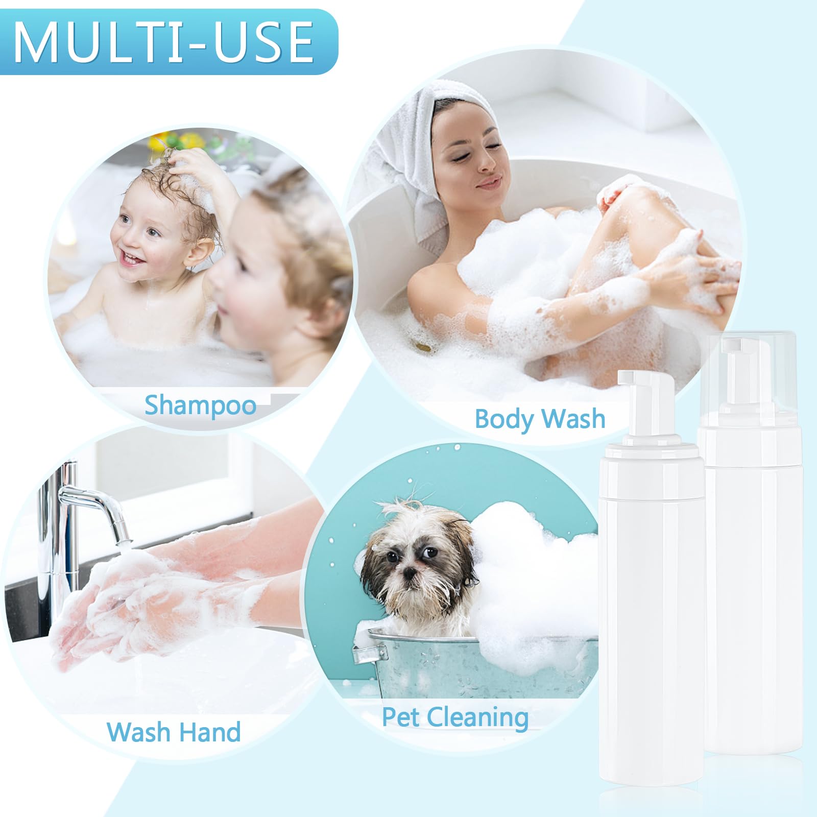 Foam Pump Bottle 200ml/6.8oz Empty Plastic Foam Dispenser Pump Bottle Travel Large Refillable BPA Free Lotion Bottles for Shampoo Shower Hand Soap Foaming (4 Pack) White