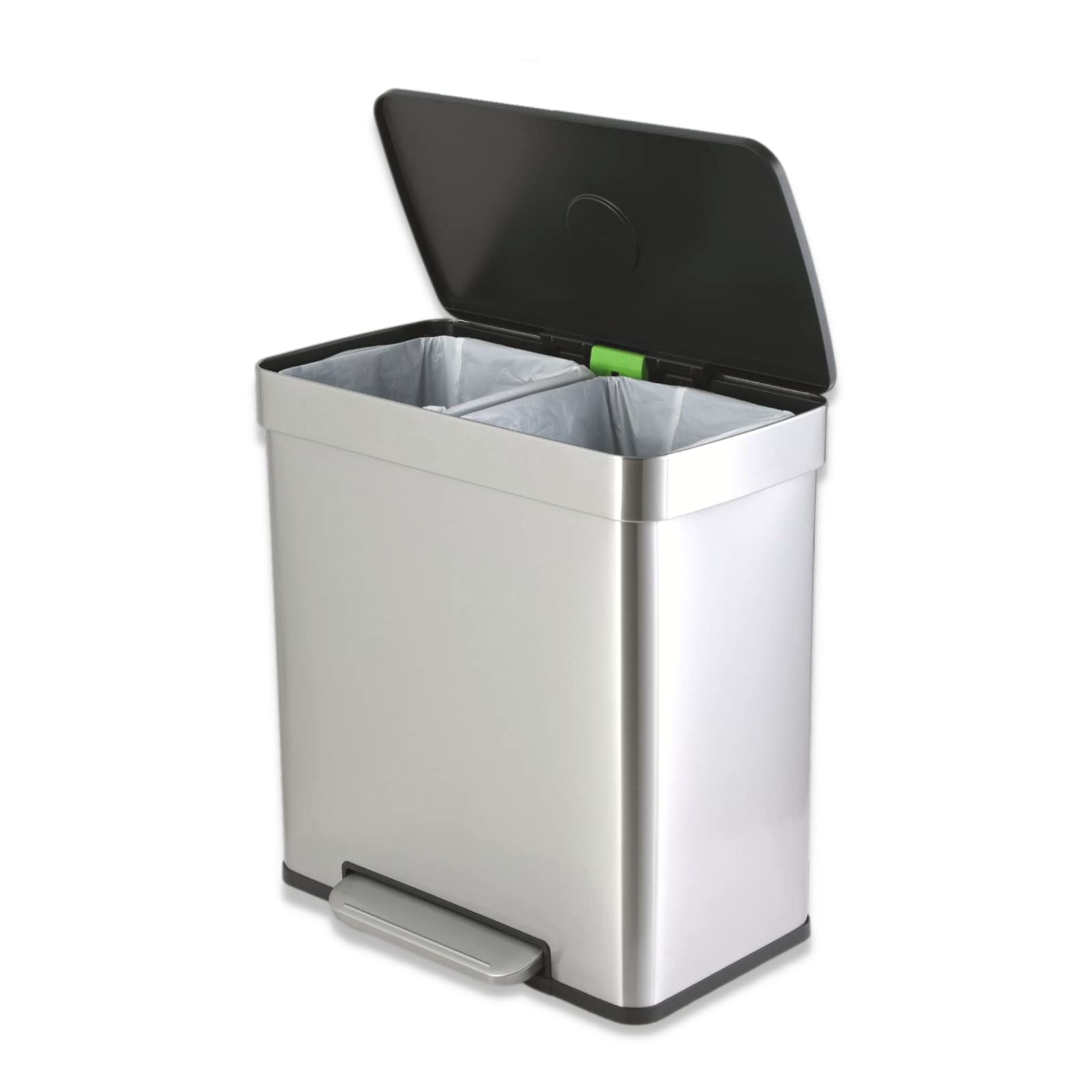 Arlopu 16 Gallon Stainless Steel Trash Can, 60L Kitchen Classified Recycle Garbage Can, Dual Compartment Dustbin with Removable Inner Buckets, Step-on, Soft-Close Lid, for Home Office, Silver